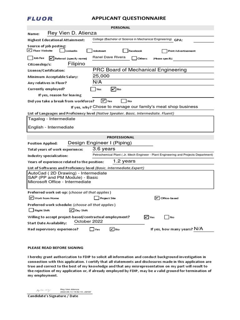 Applicant Questionnaire Form | PDF