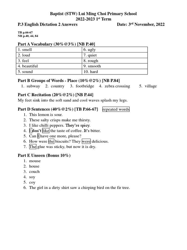 P3 Term 1 Dictation 2 Answers | PDF