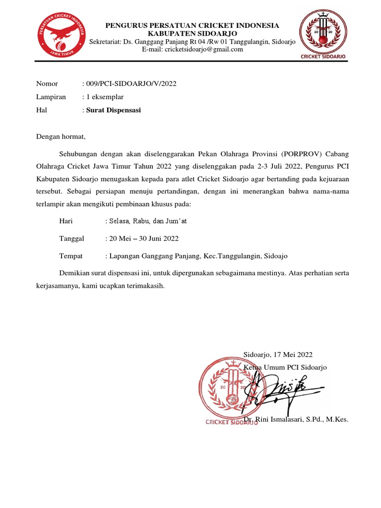 009 Surat Dispensasi PORPROV 2022 | PDF