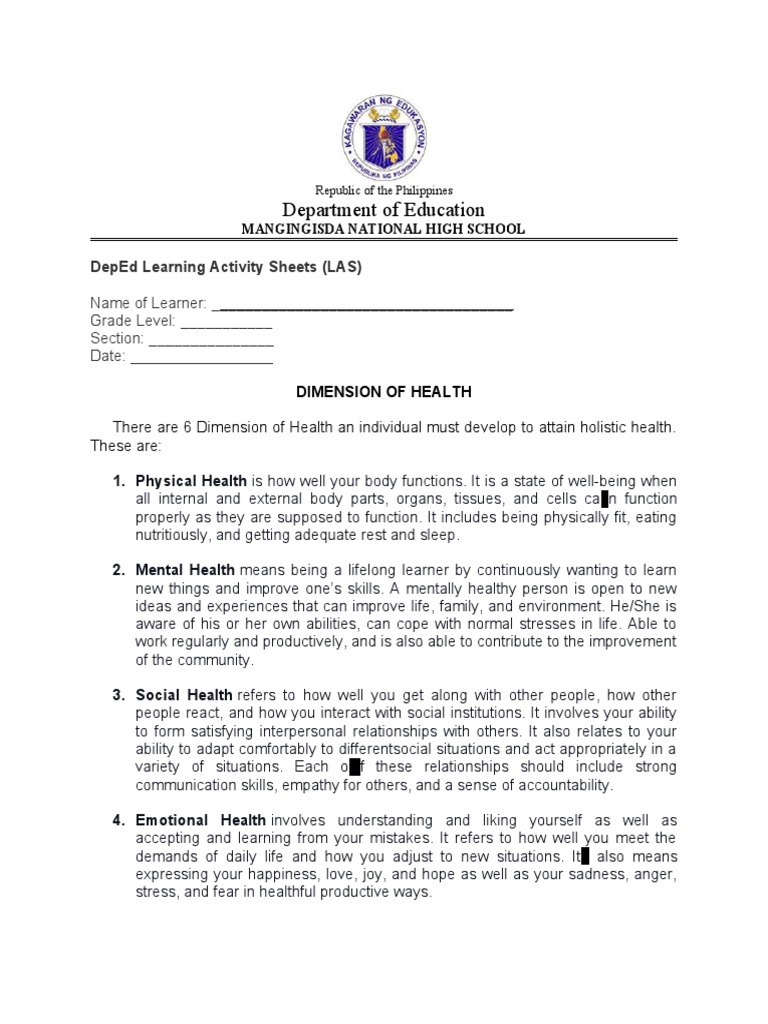 Mapeh 7 Worksheet 1 | PDF | Mental Health | Learning
