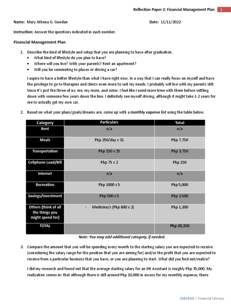 Financial Management Plan Reflection | PDF | Saving | Goal