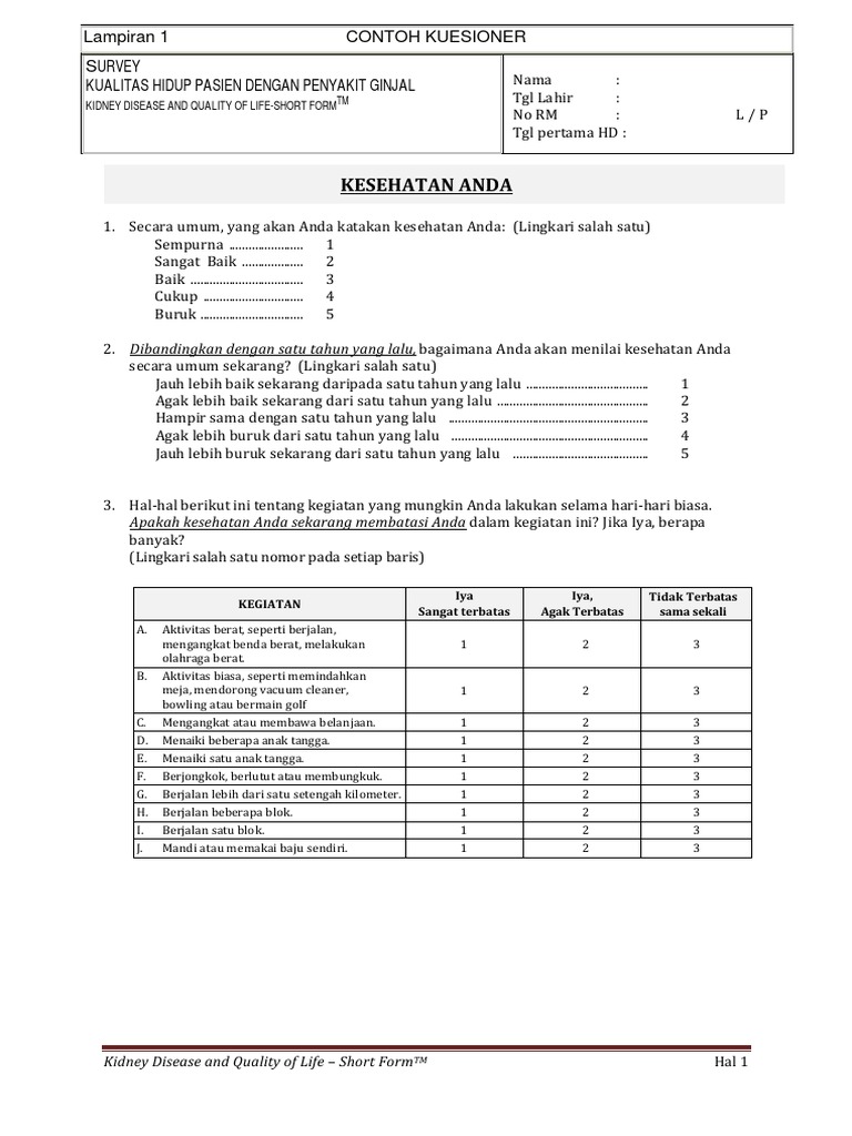 Kuesioner Kualitas Hidup Pasien Penyakit Ginjal | PDF