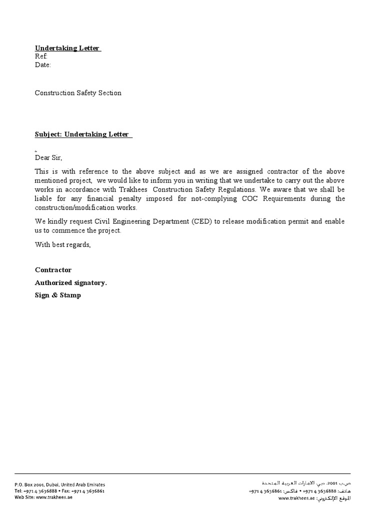 Construction Safety Undertaking Letter | PDF | Finance & Money Management