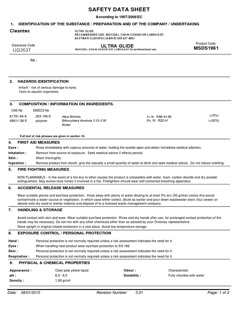 Ultra Glide Biocidal Lubricant SDS | PDF | Dangerous Goods | Toxicity
