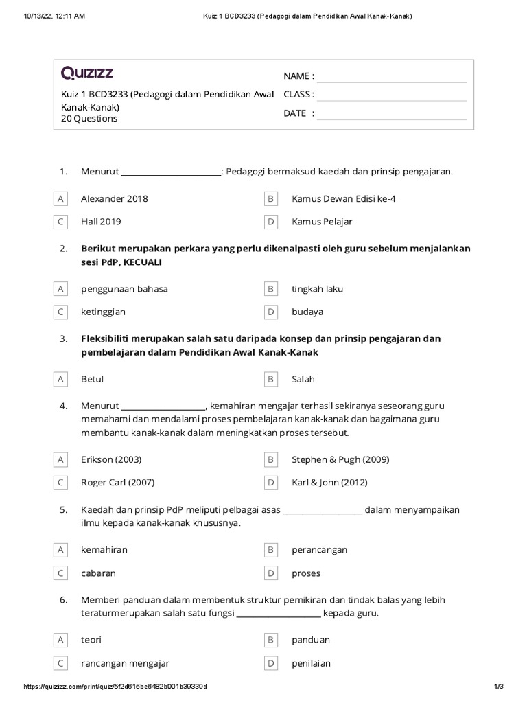 Kuiz 1 BCD3233 (Pedagogi Dalam Pendidikan Awal Kanak-Kanak) | PDF