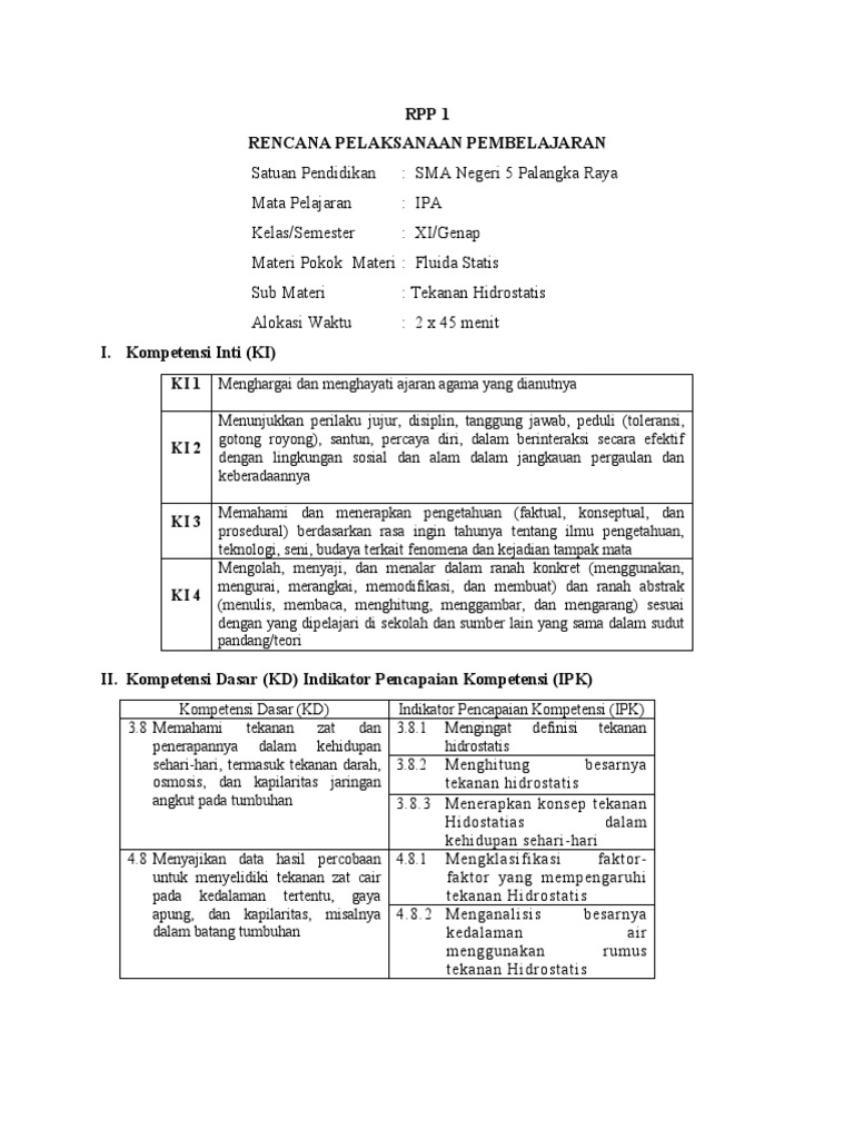 RPP Fluida Statis Kelas XI (Tekanan Hidrostatis) 1 | PDF