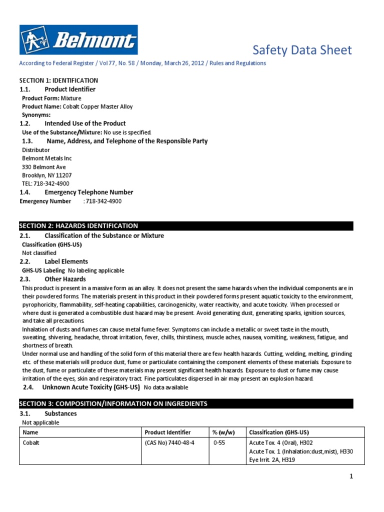 Safety Data Sheet for Cobalt Copper Master Alloy | PDF | Firefighting ...