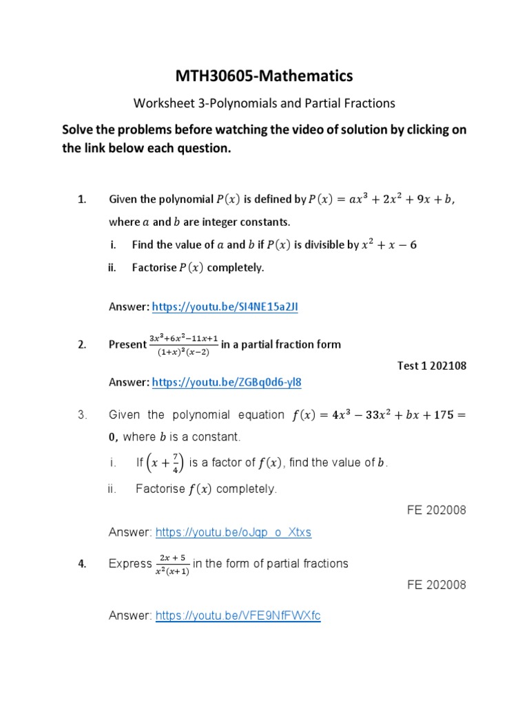 Worksheet 3 Pdf Factorization Polynomial 8321