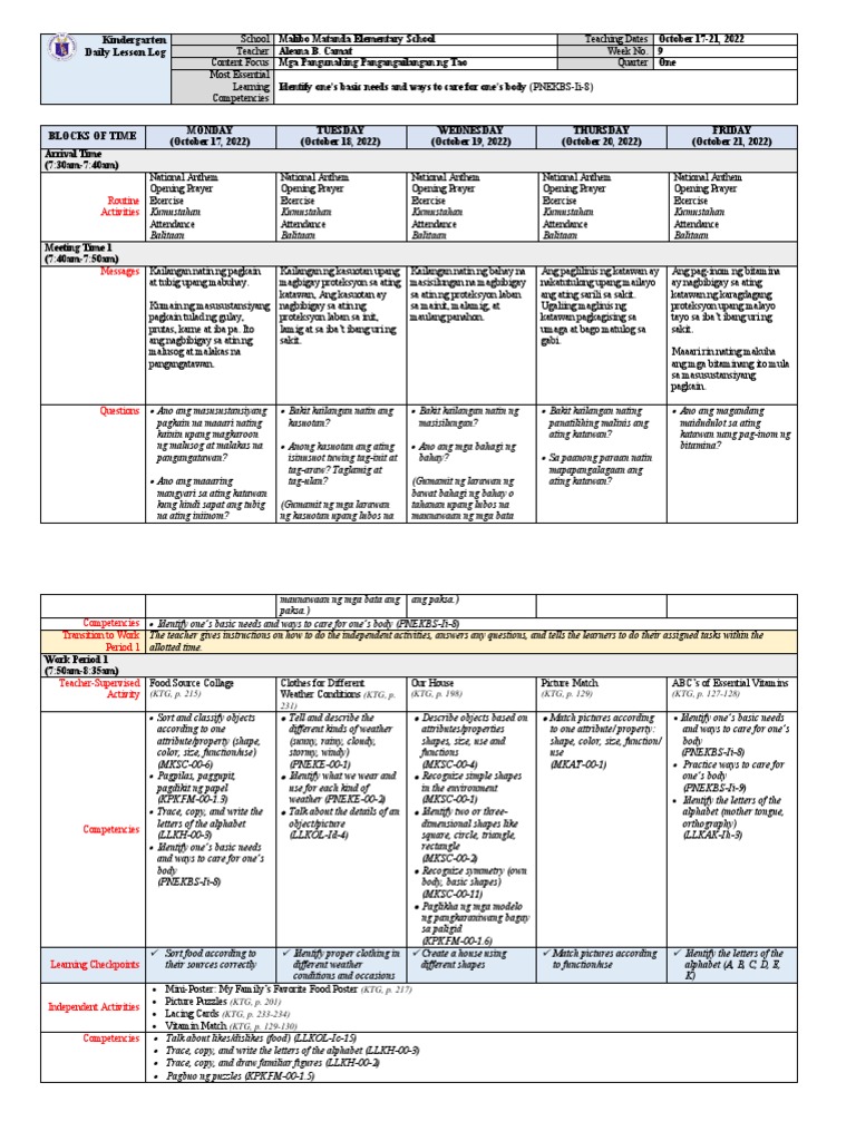 Kindergarten-DLL-MELC-Q1-Week 9 | PDF