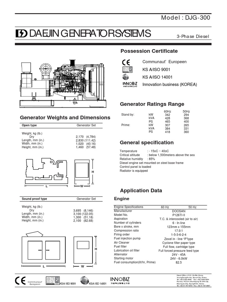 Daejin Generator Systems 3-Phase Diesel DJG-300 | PDF | Diesel Engine ...