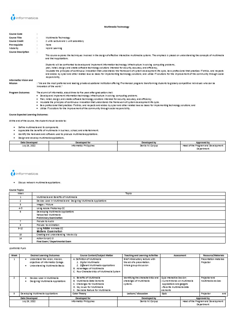 MULTIMEDIA TECHNOLOGY - OBE Syllabus | PDF MULTIMEDIA TECHNOLOGY - OBE Syllabus | PDF