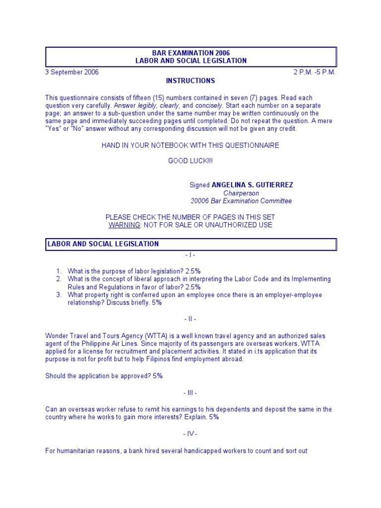 Labor Law Exam Questions 2006 | PDF | Strike Action | Employment