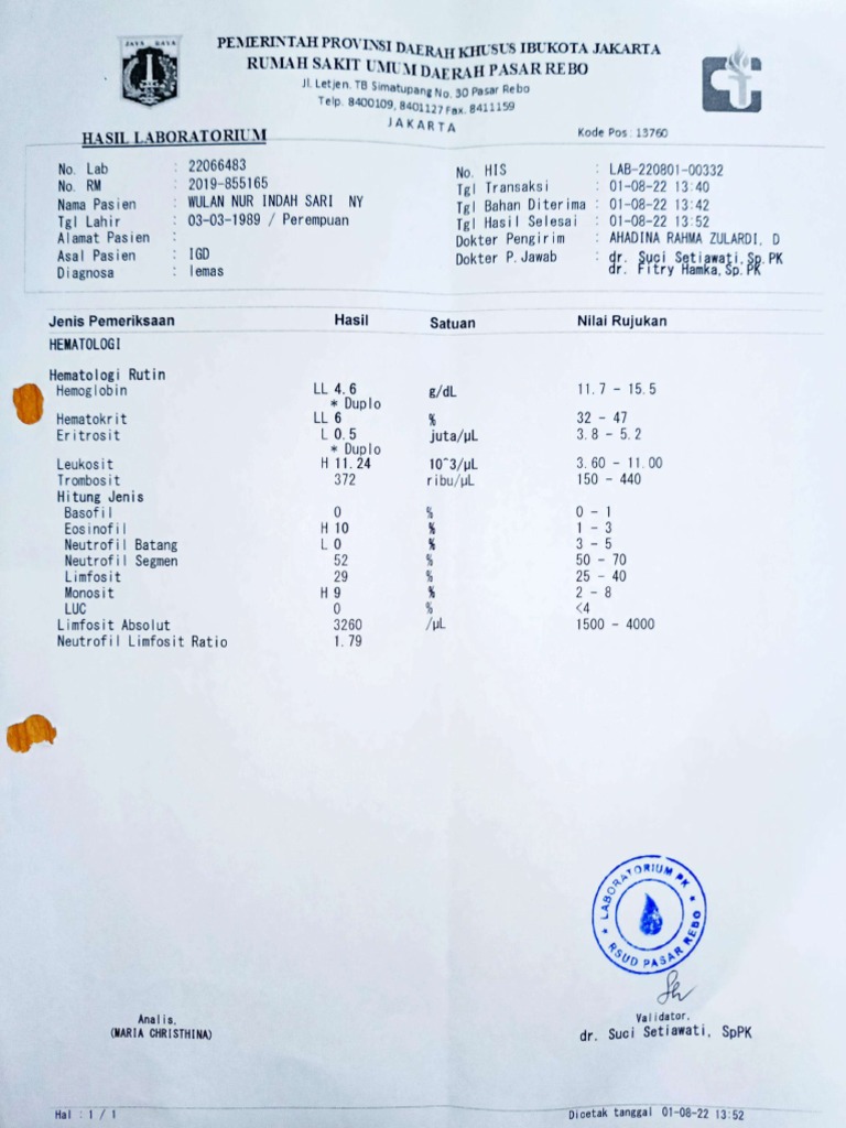 Hasil Nilai Kritis Lab | PDF
