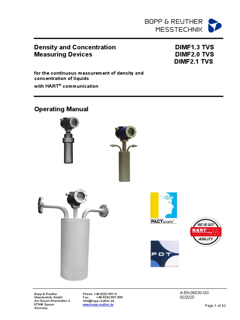 Operating Manual Density Meter DIMF 13-20-21 TVS | PDF | Flow Measurement | Calibration