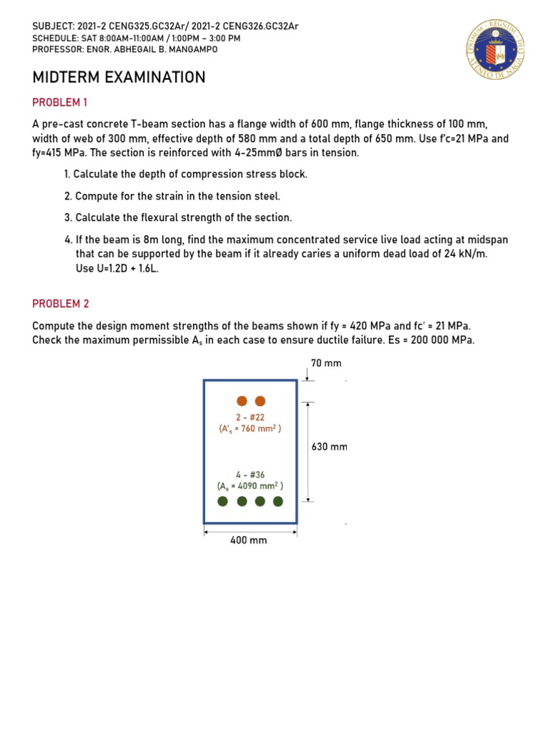 MIDTERM EXAM - GC32Ar - Principles of Reinforced Concrete Design | PDF