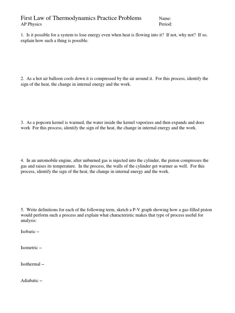 First Law of Thermodynamics Practice Problems - Compress | PDF | Heat ...