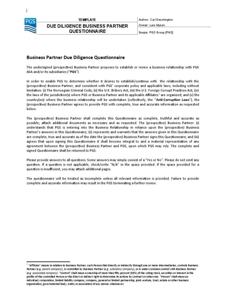 Business Partner DD Questionnaire - 22072019 | PDF | Indemnity | Business