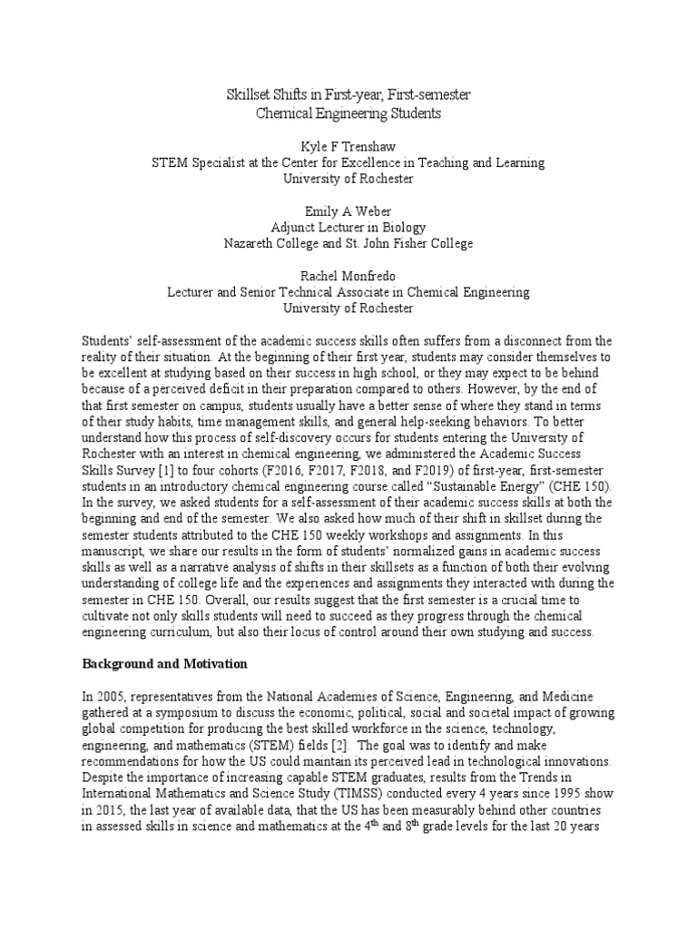 Skillset Shifts in First Year First Semester Chemical Engineering ...
