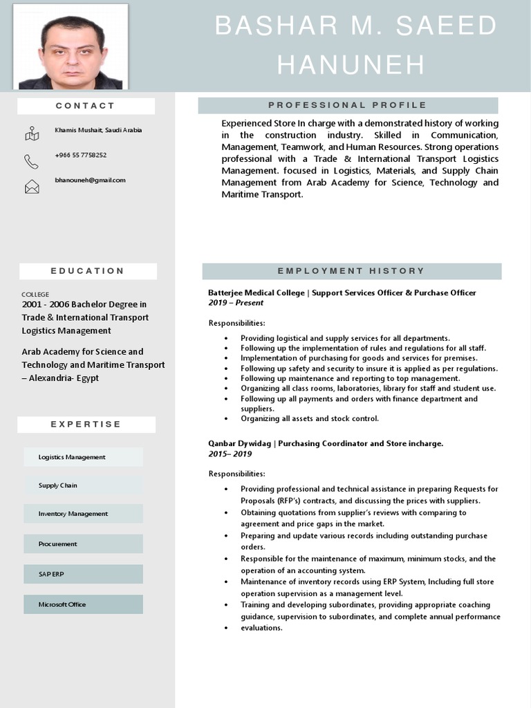 Bashar Hanuneh CV 2021 | PDF | Logistics | Supply Chain