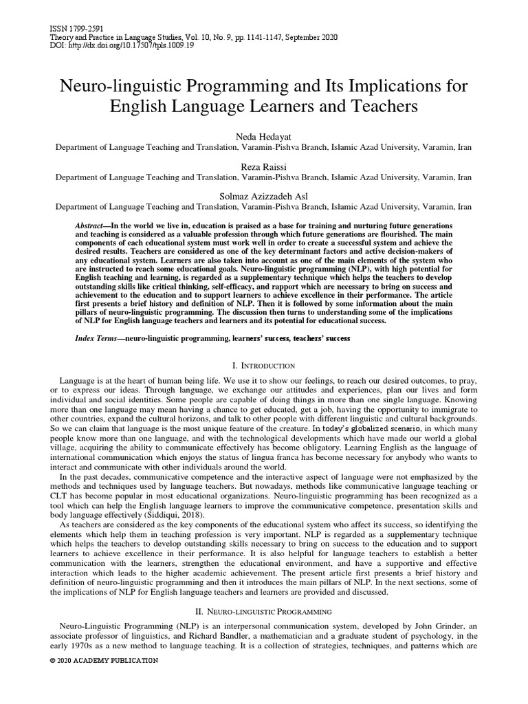 Neuro-Linguistic Programming and Its Implications For English Language ...