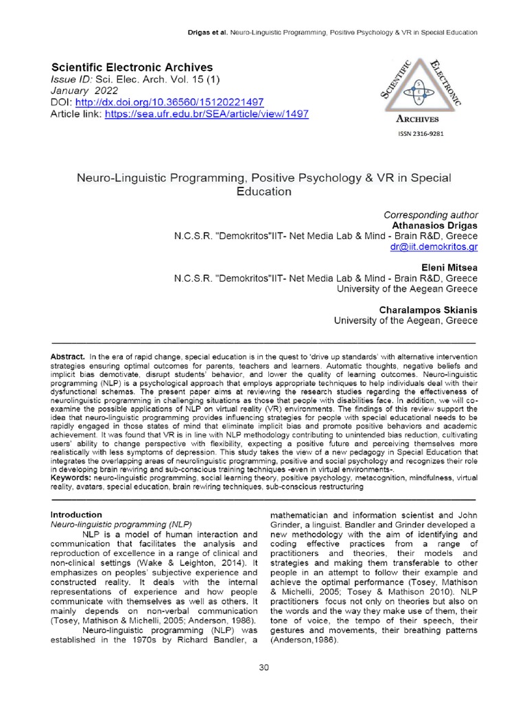 Neuro-Linguistic Programming, Positive Psychology & VR in Special ...