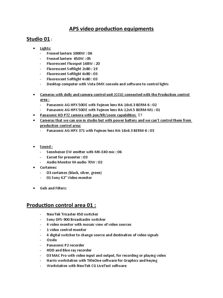 APS Video Production Equipment | PDF | Computing | Information And ...