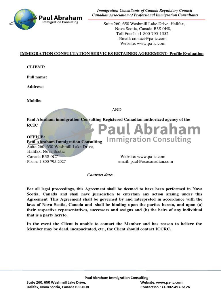Ref Sample Contract - Paul Abraham Immigration Consulting | PDF | Evaluation | Justice