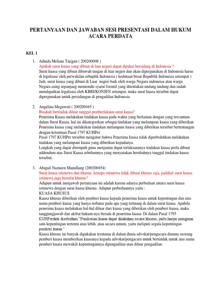 Pertanyaan Dan Jawaban Sesi Presentasi Dalam Hukum Acara Perdata | PDF | Politik | Ilmu Sosial