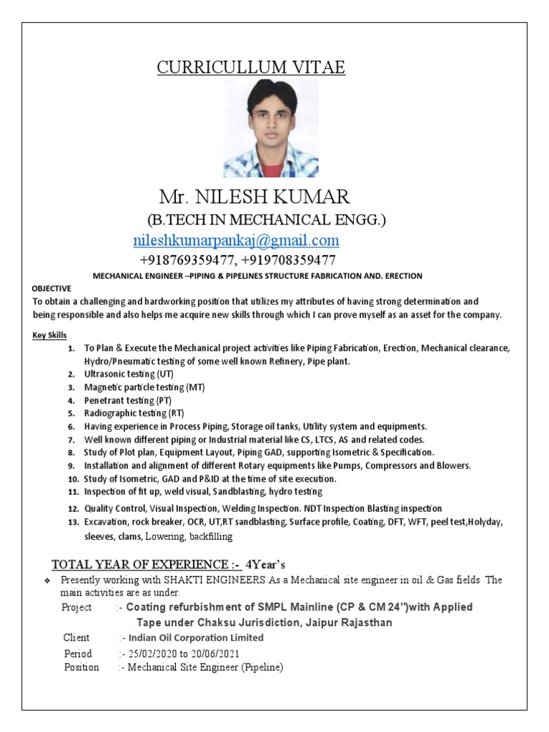 Nilesh Kumar Resume.2021 | PDF | Pipe (Fluid Conveyance) | Valve Nilesh Kumar Resume.2021 | PDF | Pipe (Fluid Conveyance) | Valve