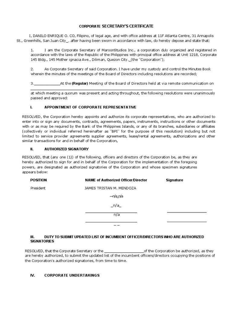 BPI - Secretary's Certificate Template | PDF | Notary Public | Private Law