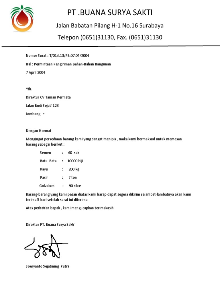 Surat Resmi Permintaan Pengiriman Barang | PDF