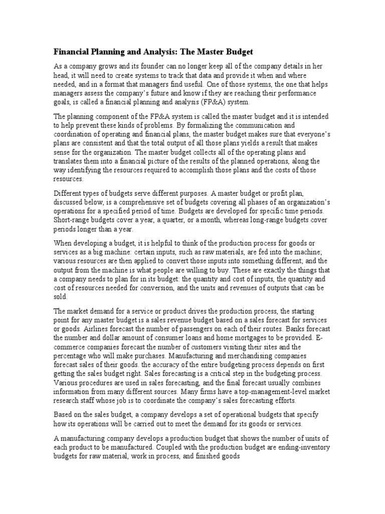 Master Budget in Financial Planning | PDF | Sales | Budget