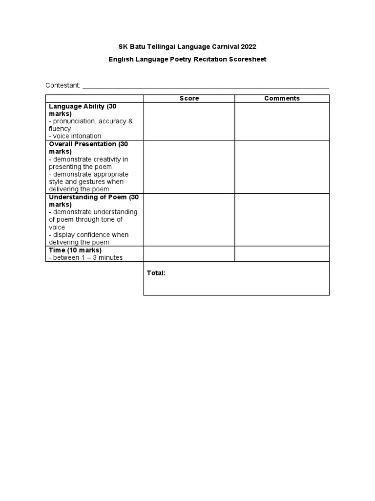 Poetry Recitation Competition Scoresheet | PDF | Art