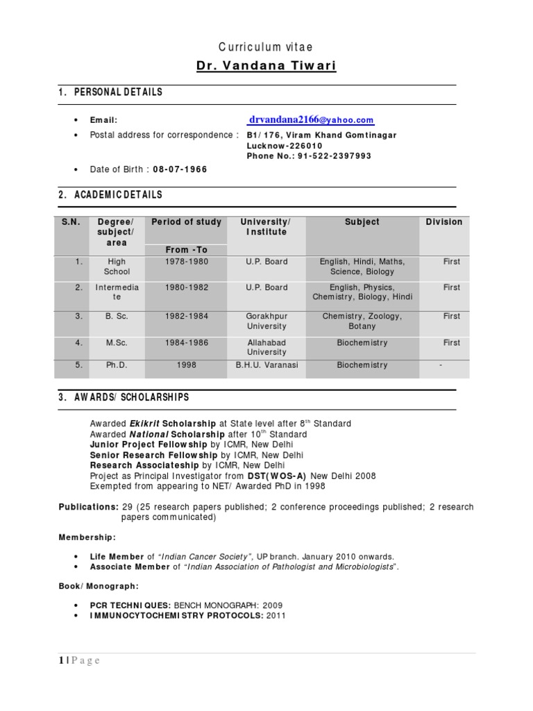 DR Vandana - CURRICULUM - VITAE | PDF | Elisa | Polymerase Chain Reaction