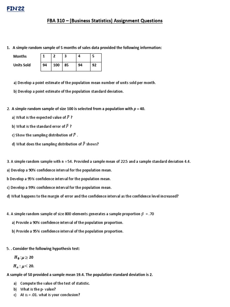 FBA 310 - (Business Statistics) Assignment Questions - FIN'22 | PDF | Regression Analysis ...