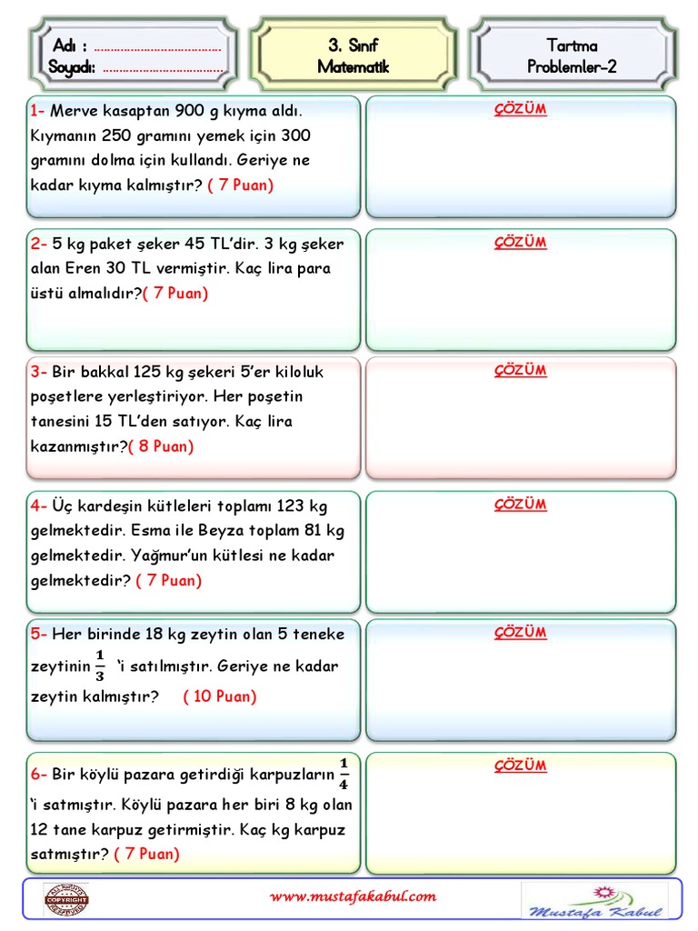 3.sınıf Matematik Tartma Problemler 2 | PDF