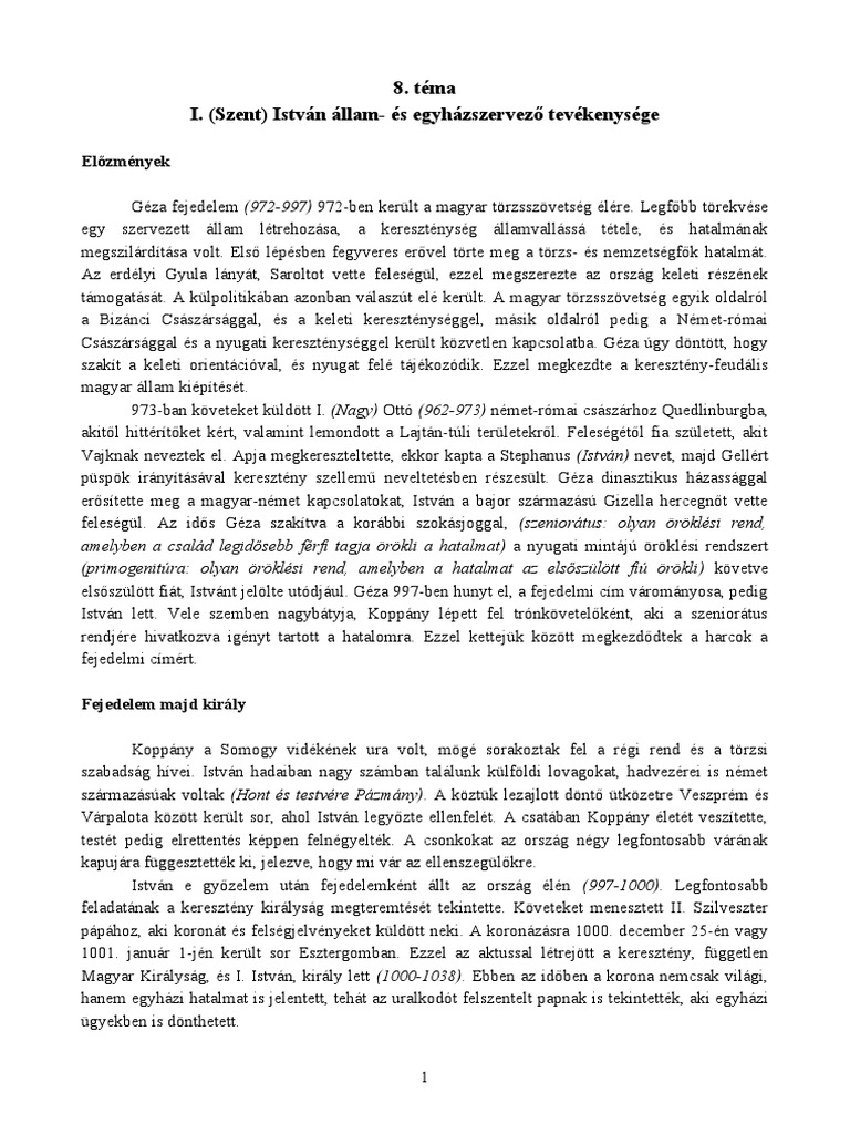 I. (Szent) István Állam - És Egyházszervező Tevékenysége | PDF