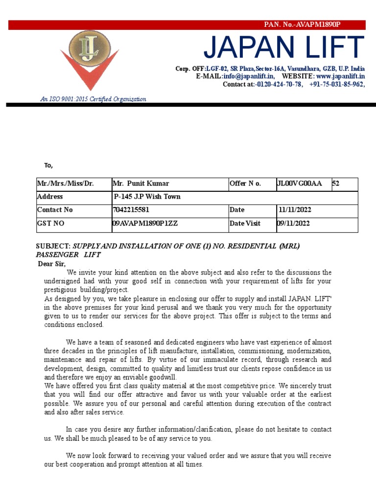 New Lift Quotation, JP Wish Town P145docx | PDF | Elevator | Door