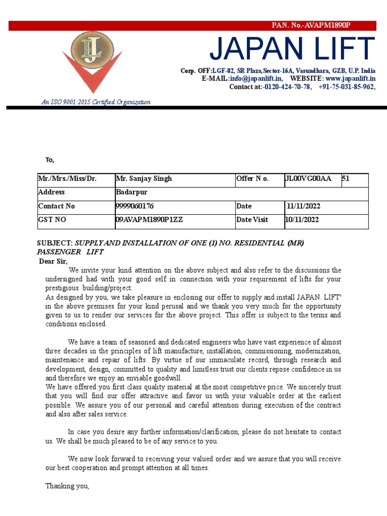 New Lift Quotation, Badarpur School | PDF | Elevator | Door