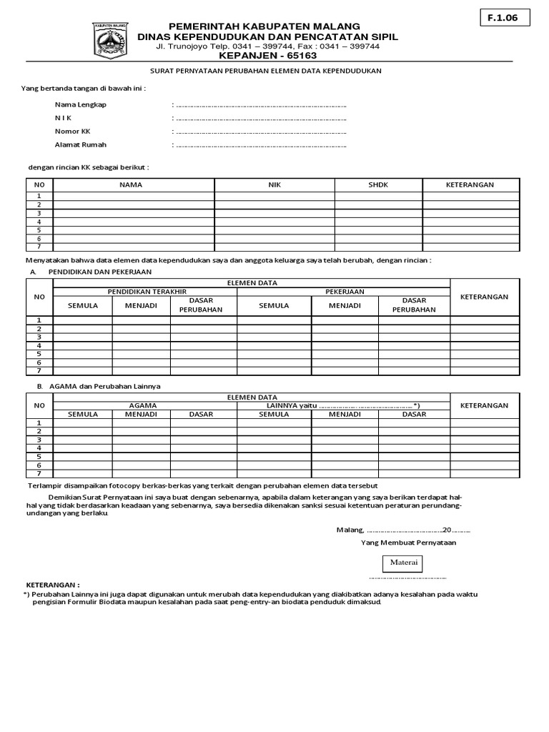Form F 1 06 Bagi Yang Melakukan Perubahan Data 1 Pdf
