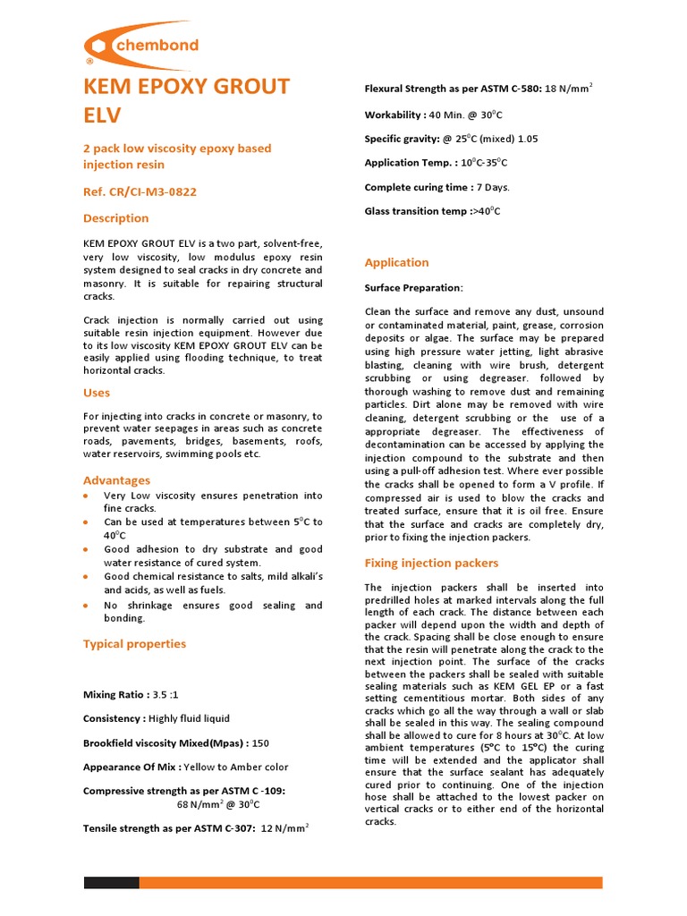 KEM Epoxy Grout ELV - 1 | PDF | Epoxy | Concrete