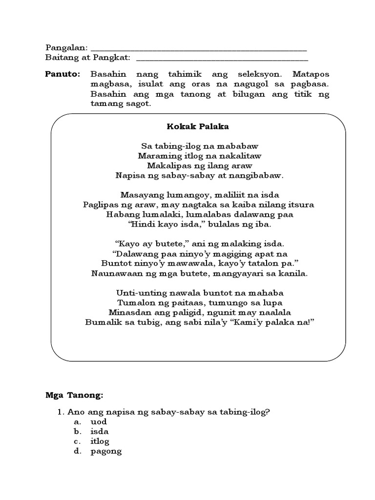 Gr. 2 Kokak Palaka | PDF