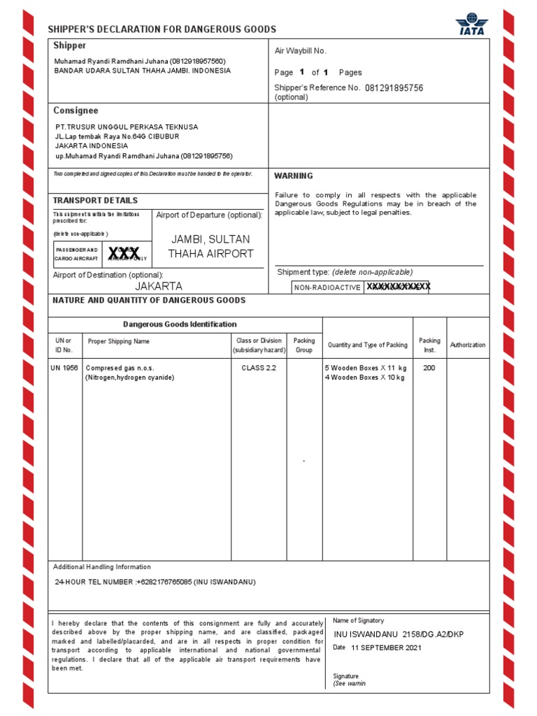 Shippers Declaration Column Format Fillable | PDF | Dangerous Goods | Transport