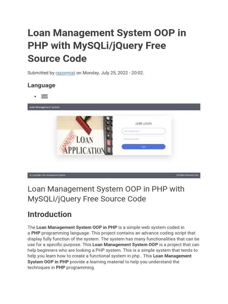 Loan Management System OOP in PHP With MySQLi | PDF | Php | World Wide Web Loan Management System OOP in PHP With MySQLi | PDF | Php | World Wide Web