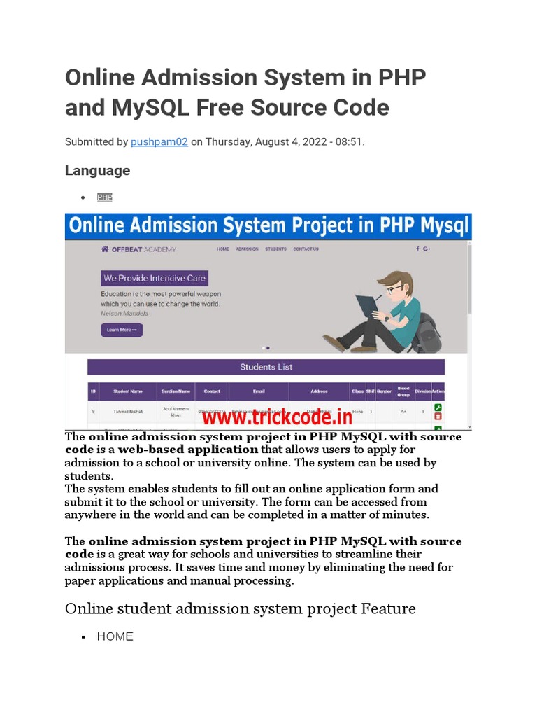 Online Admission System in PHP and MySQL | PDF