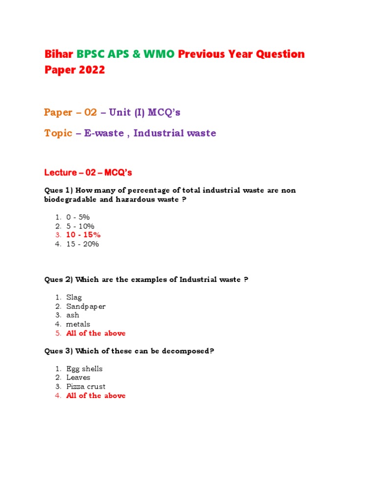 BPSC APS WMO Solved Question Paper 02 | PDF | Electronic Waste | Recycling