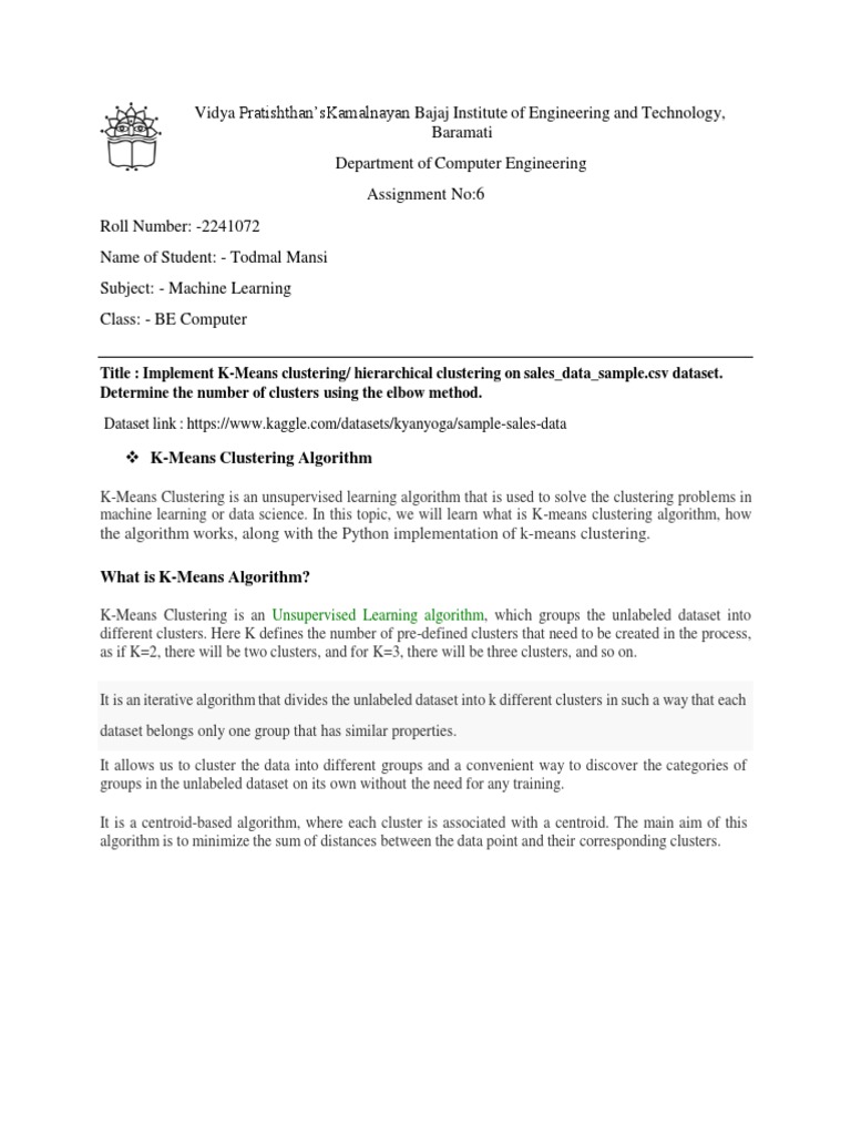 Assignment 6 ML | PDF | Cluster Analysis | Machine Learning