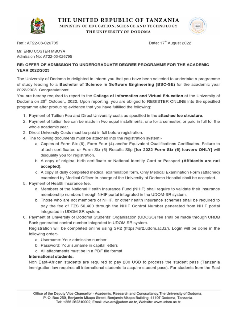 Undergraduate Admission Letter 2022-2023 | PDF | Undergraduate Education | Fee