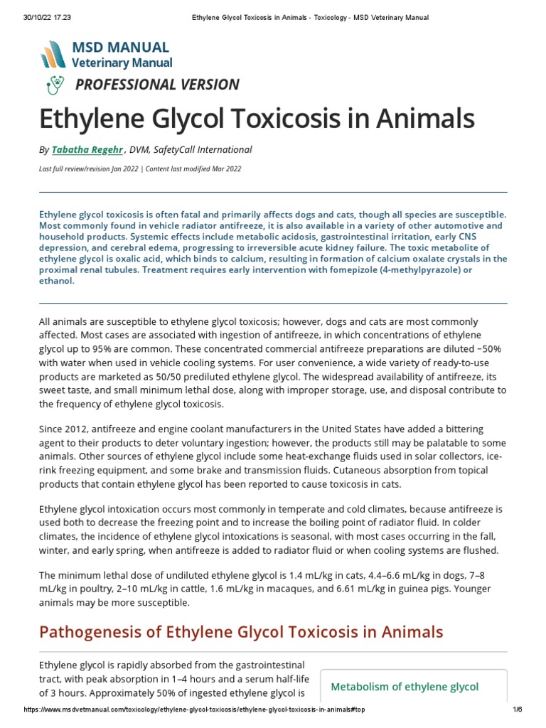 Ethylene Glycol Toxicosis in Animals - Toxicology - MSD Veterinary ...