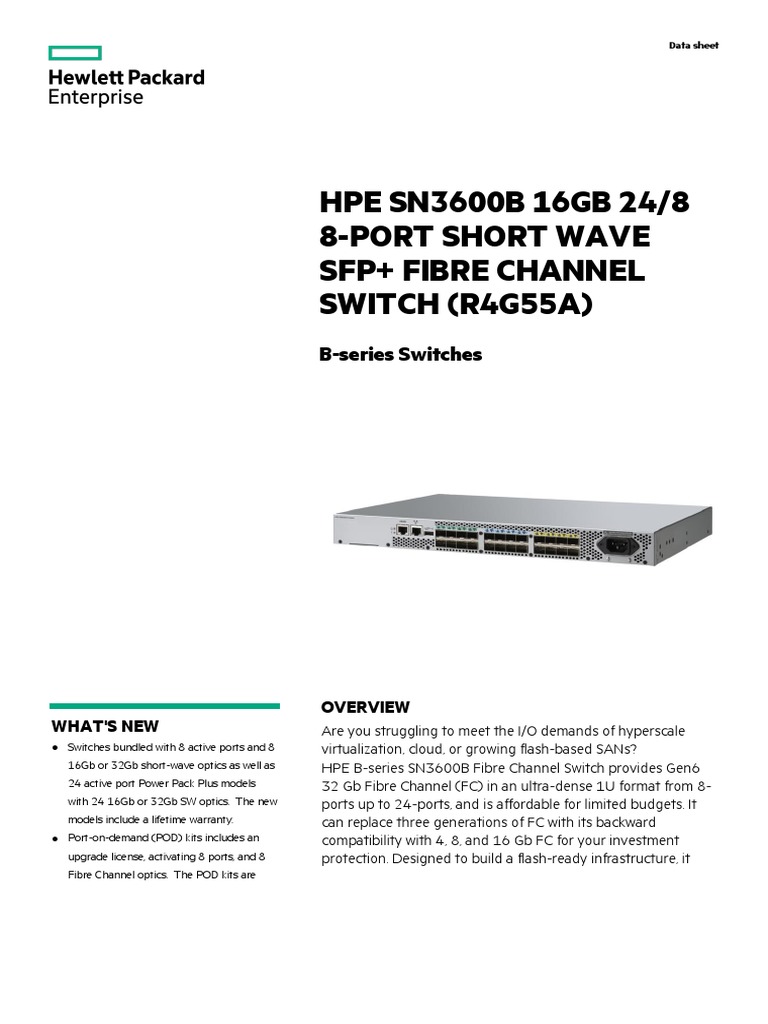 1.1 HPE SN3600B 16Gb 248 8-Port Short Wave SFP+ Fibre Channel Switch ...